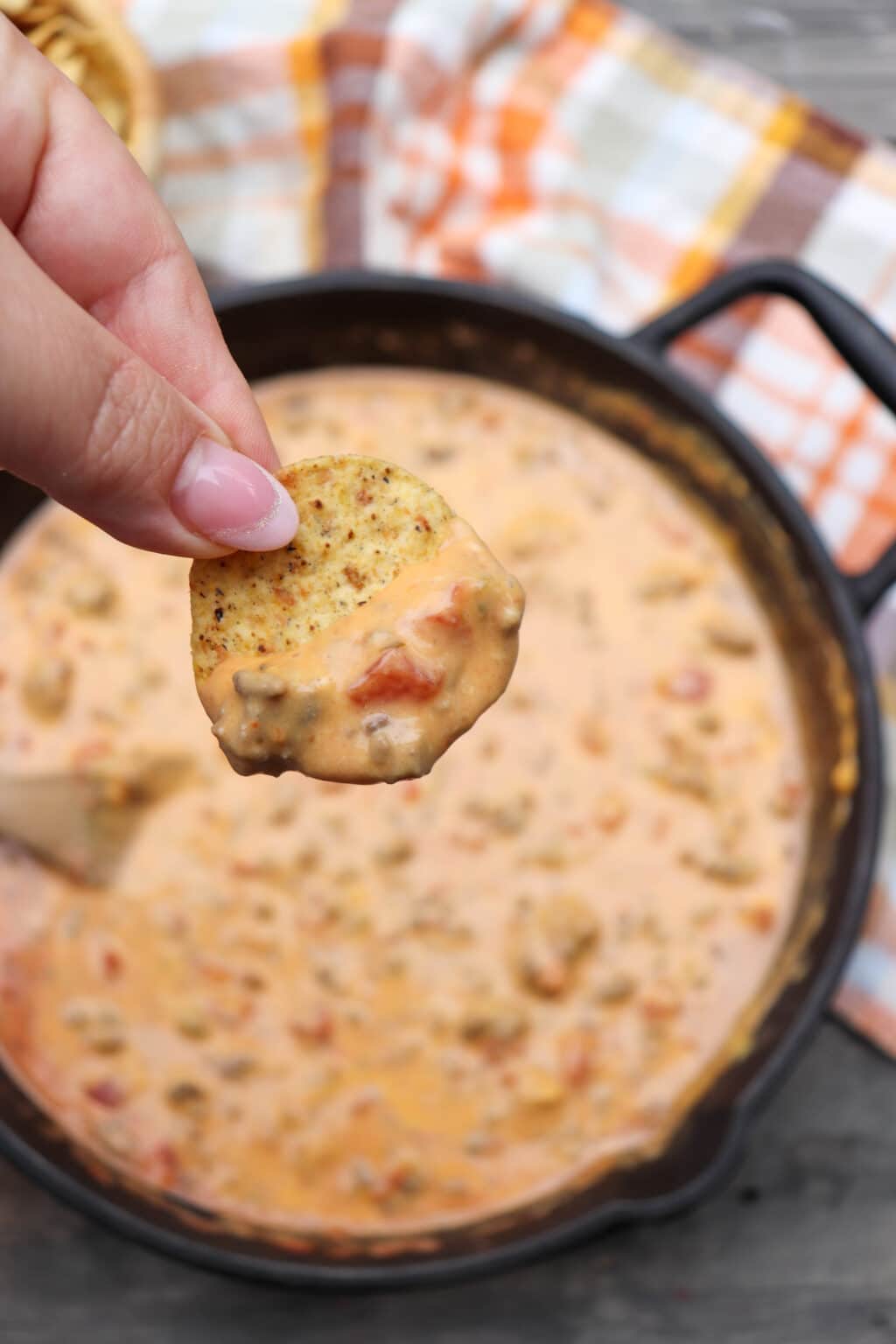 Skillet Rotel Dip Recipe with Ground Beef & Sausage » Campfire Foodie
