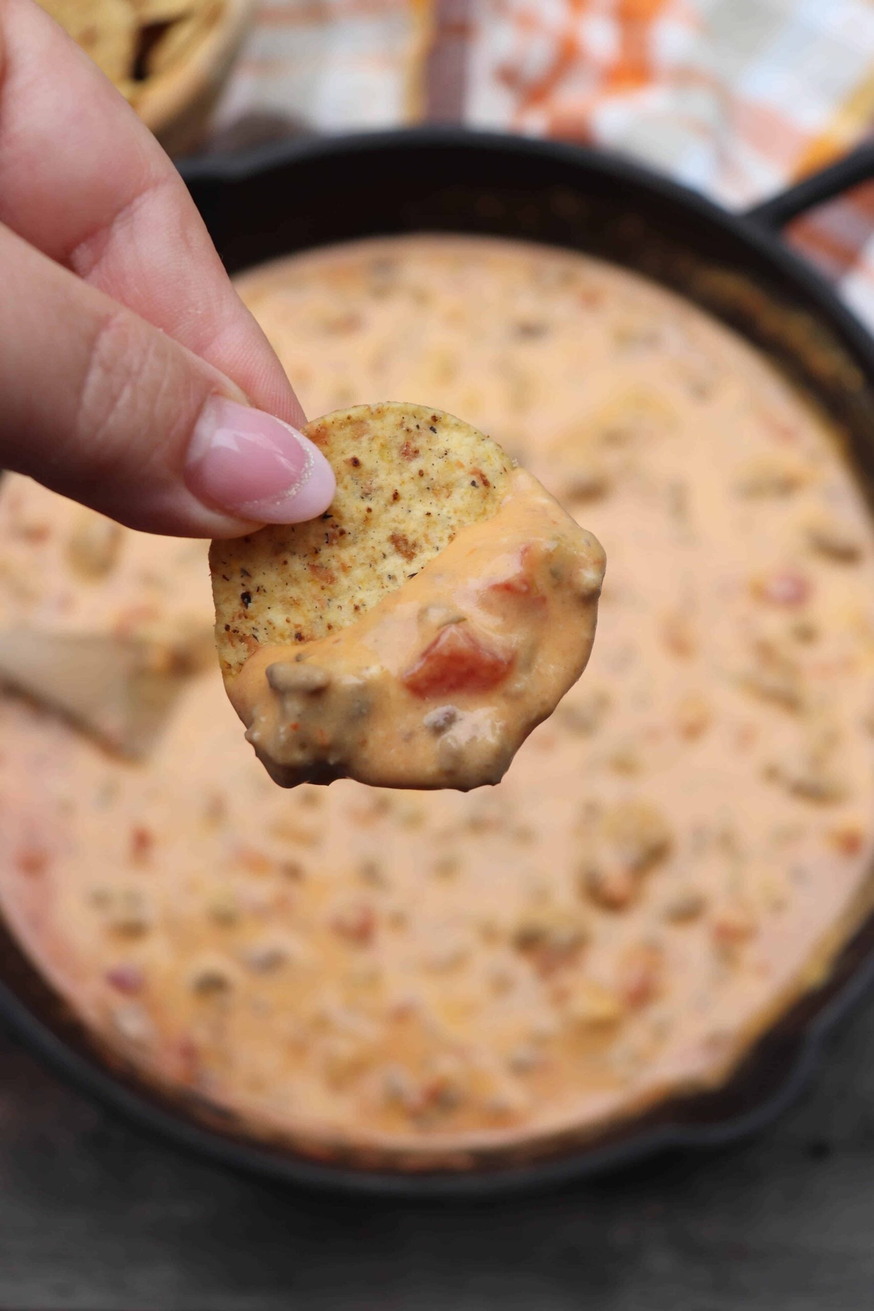 Skillet Rotel Dip Recipe with Ground Beef & Sausage » Campfire Foodie