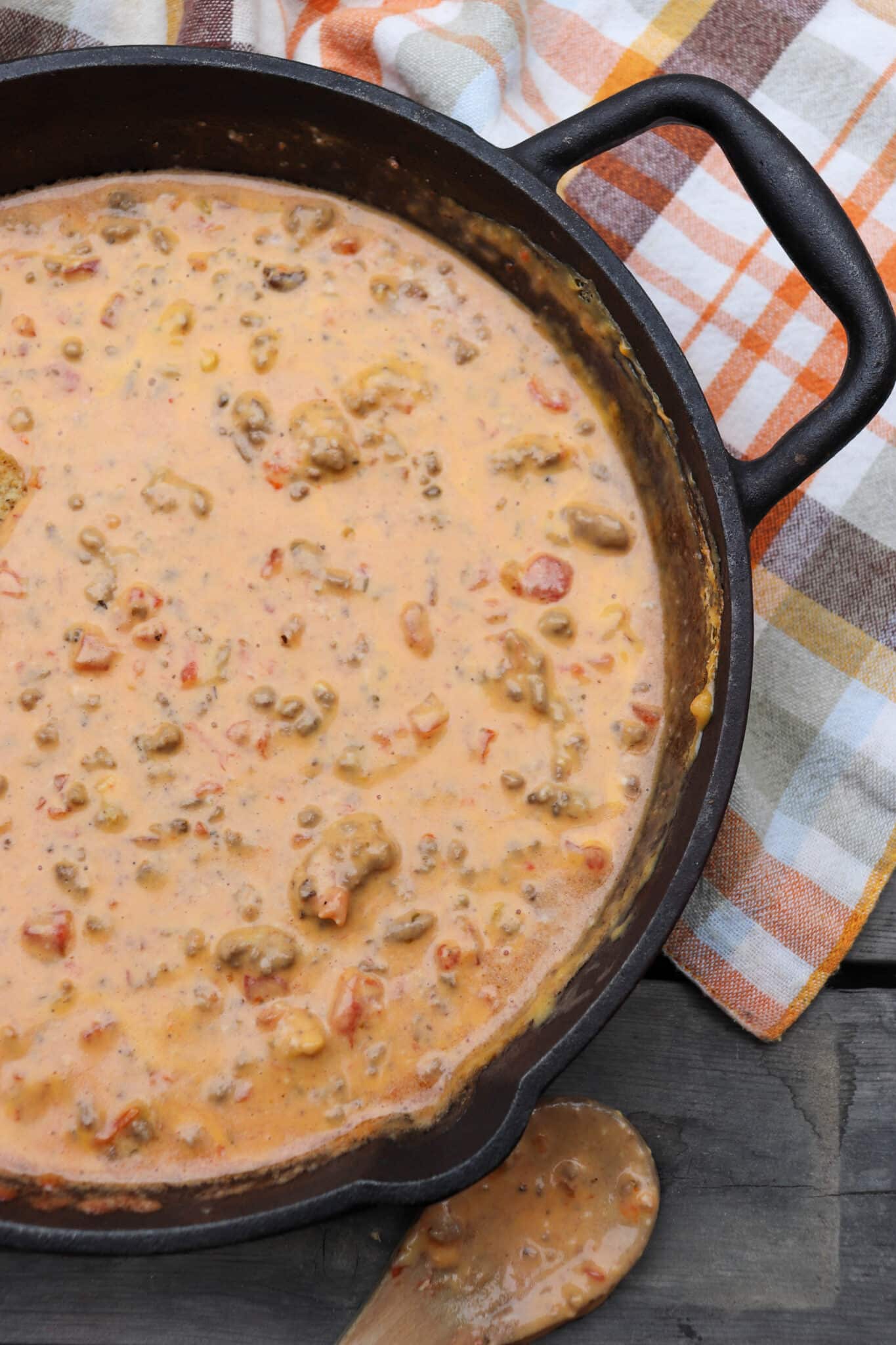 Skillet Rotel Dip Recipe with Ground Beef & Sausage » Campfire Foodie